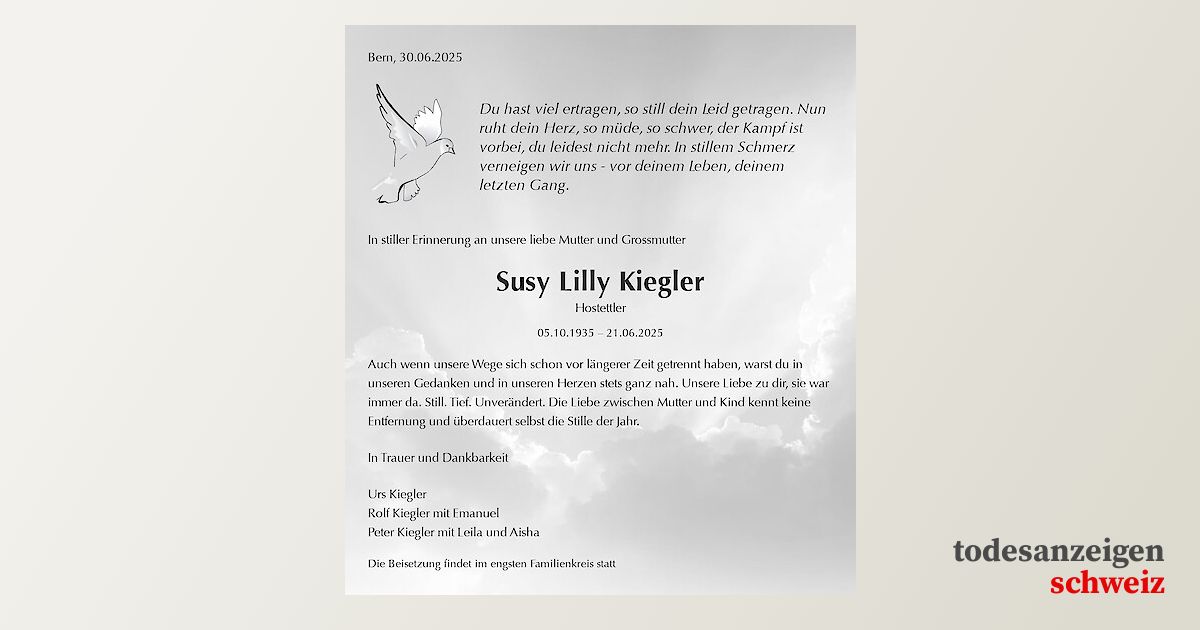 Todesanzeige Susy Lilly Kiegler, Bern