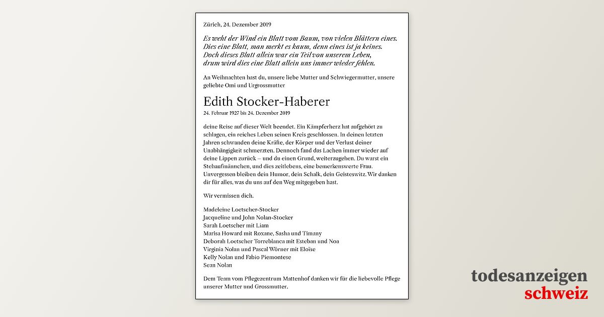 Todesanzeige Edith Stocker-Haberer, Zürich