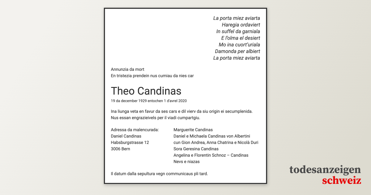 Todesanzeige Theo Candinas, Surrein