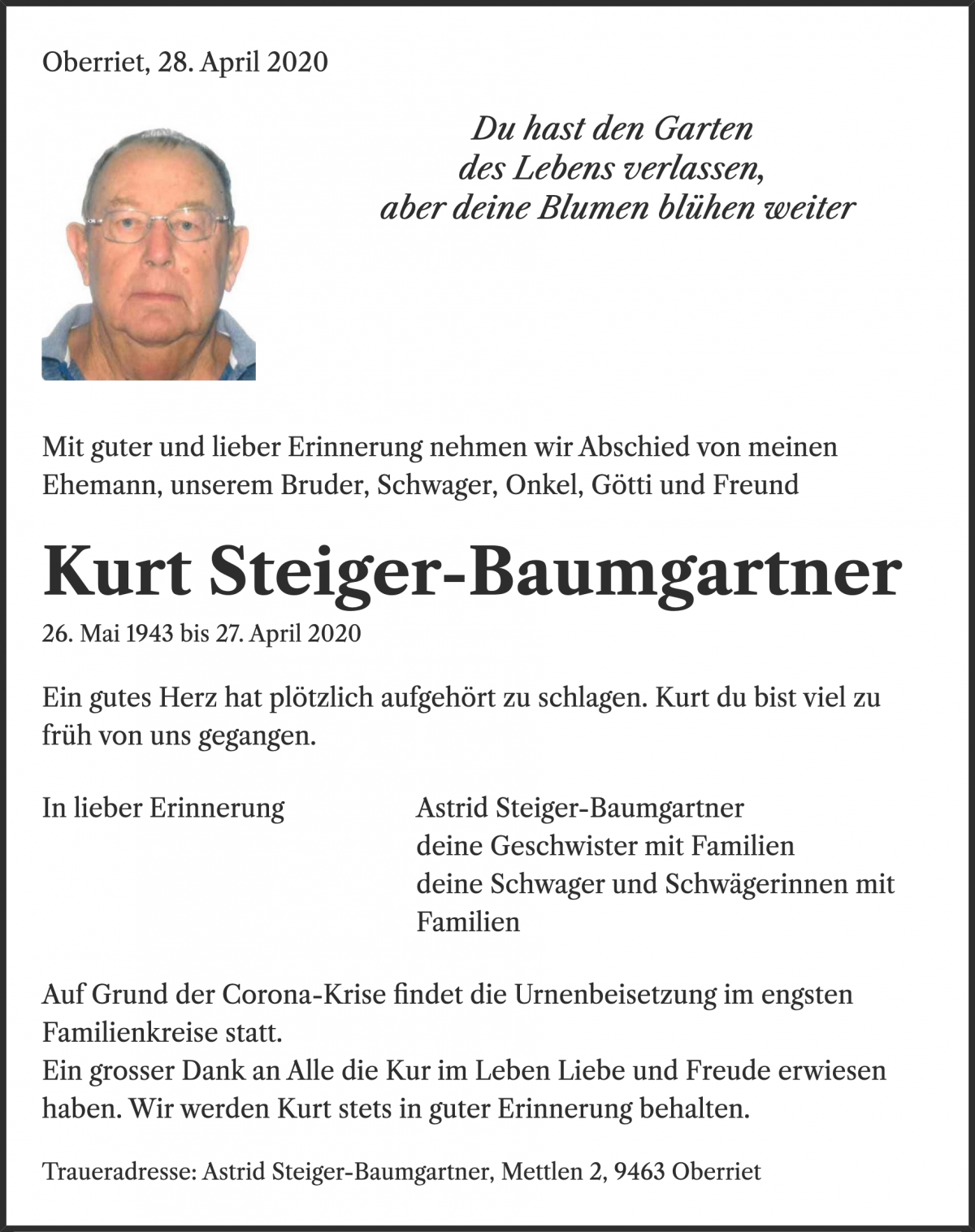 Todesanzeige Kurt Steiger-Baumgartner, Oberriet – todesanzeigenschweiz.ch
