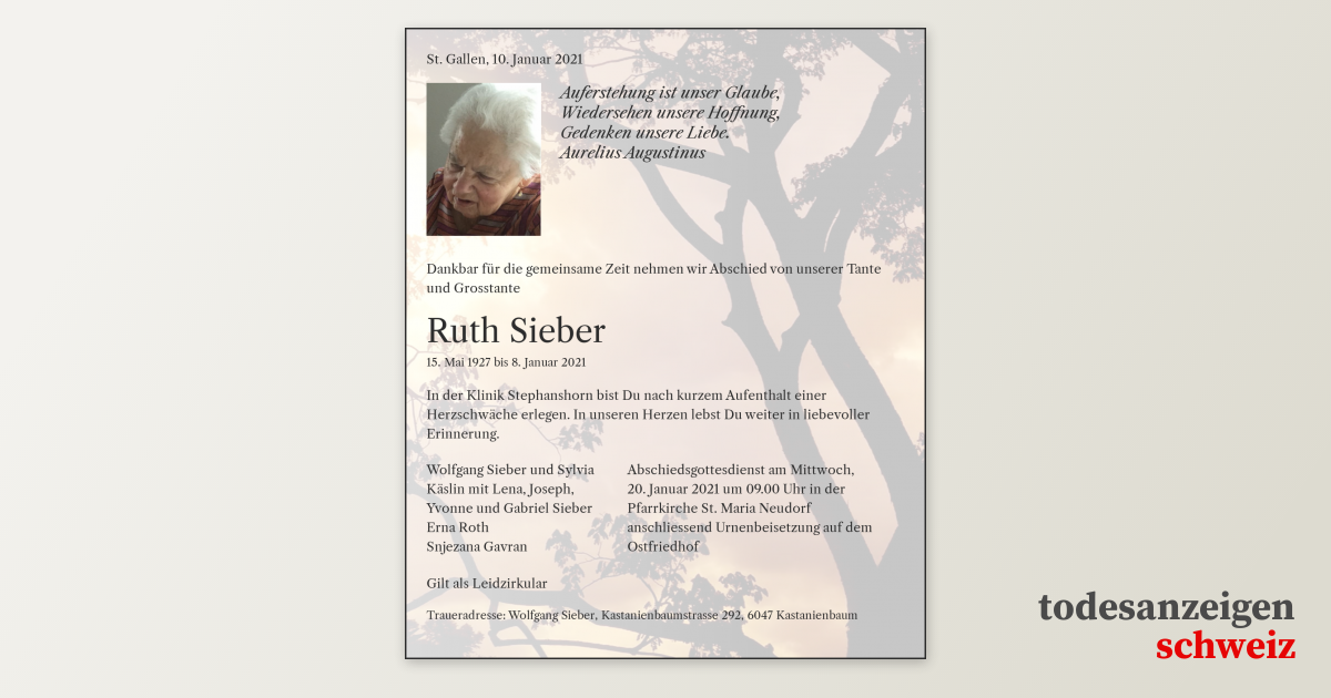 Todesanzeige Ruth Sieber, St. Gallen