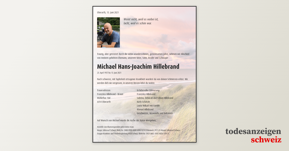 Todesanzeige Michael Hans-Joachim Hillebrand, Oberarth