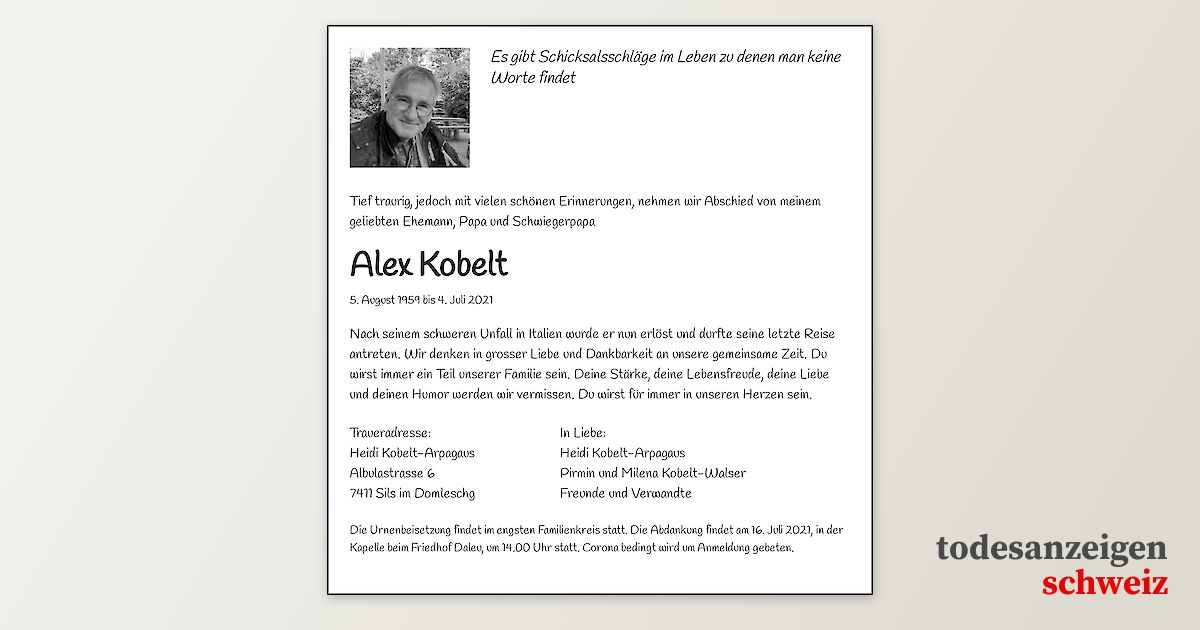 Todesanzeige Alex Kobelt, Sils im Domleschg