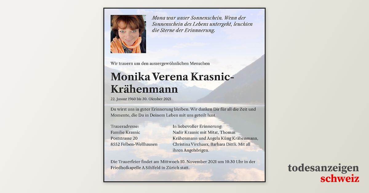 Todesanzeige Monika Verena Krasnic-Krähenmann,