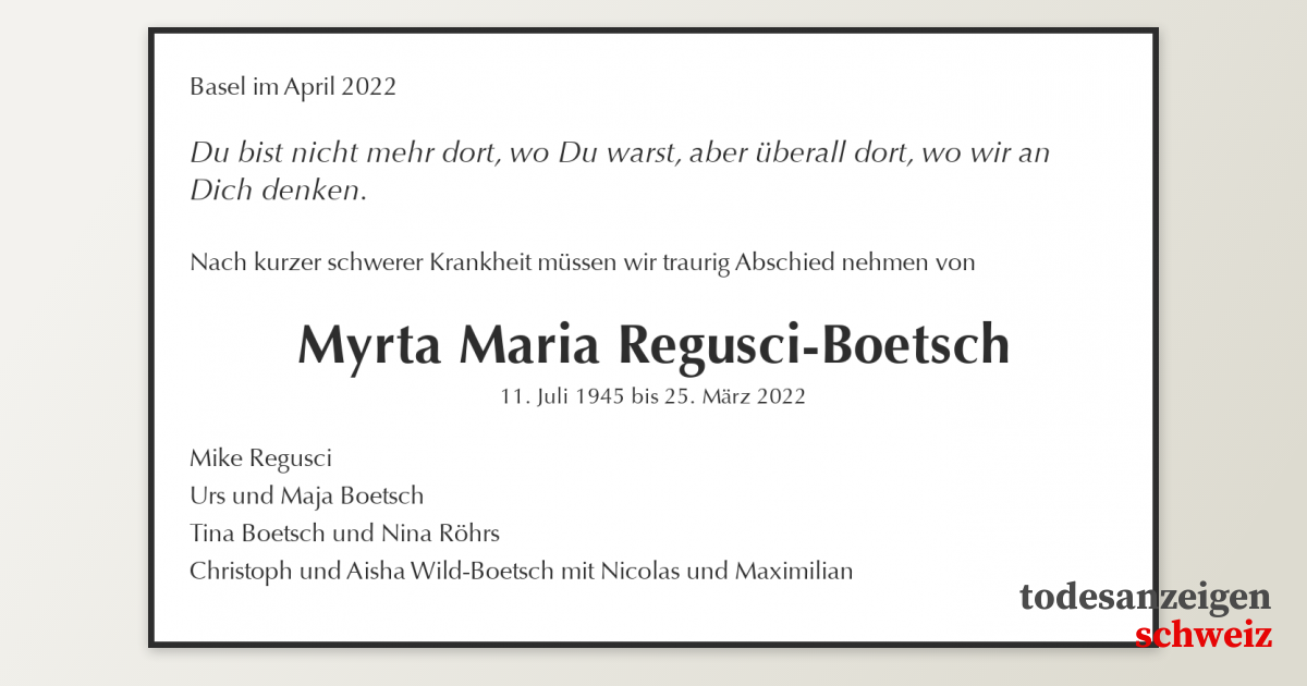 Todesanzeige Myrta Maria Regusci-Boetsch, Losone