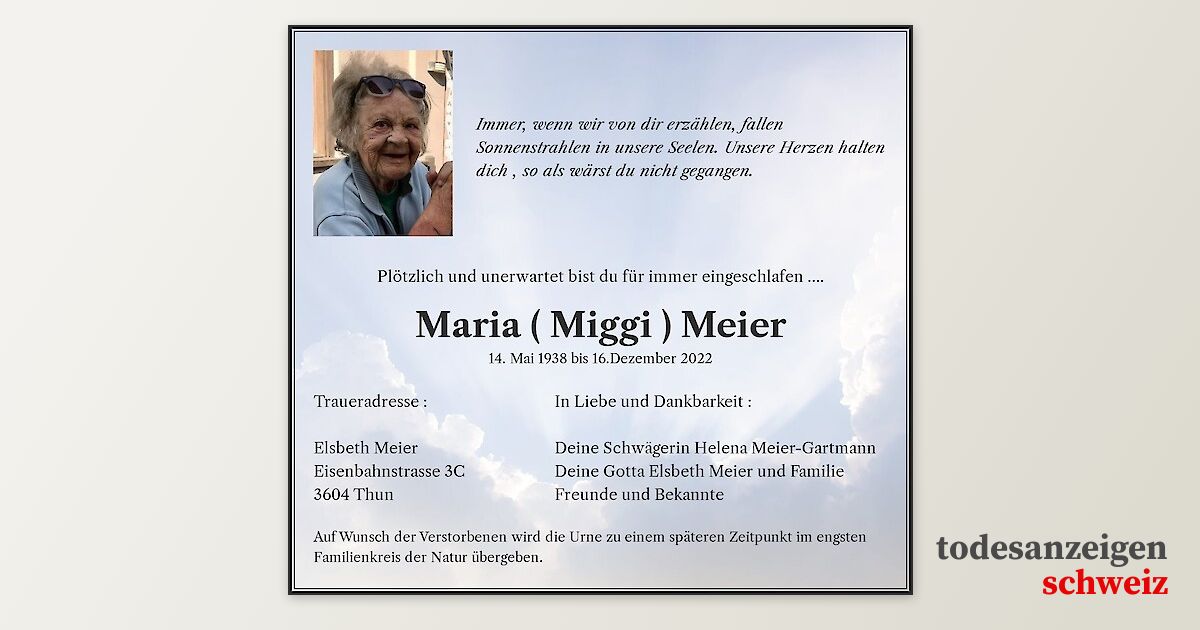 Obituary Maria ( Miggi ) Meier, Küblis – obituaries.ch
