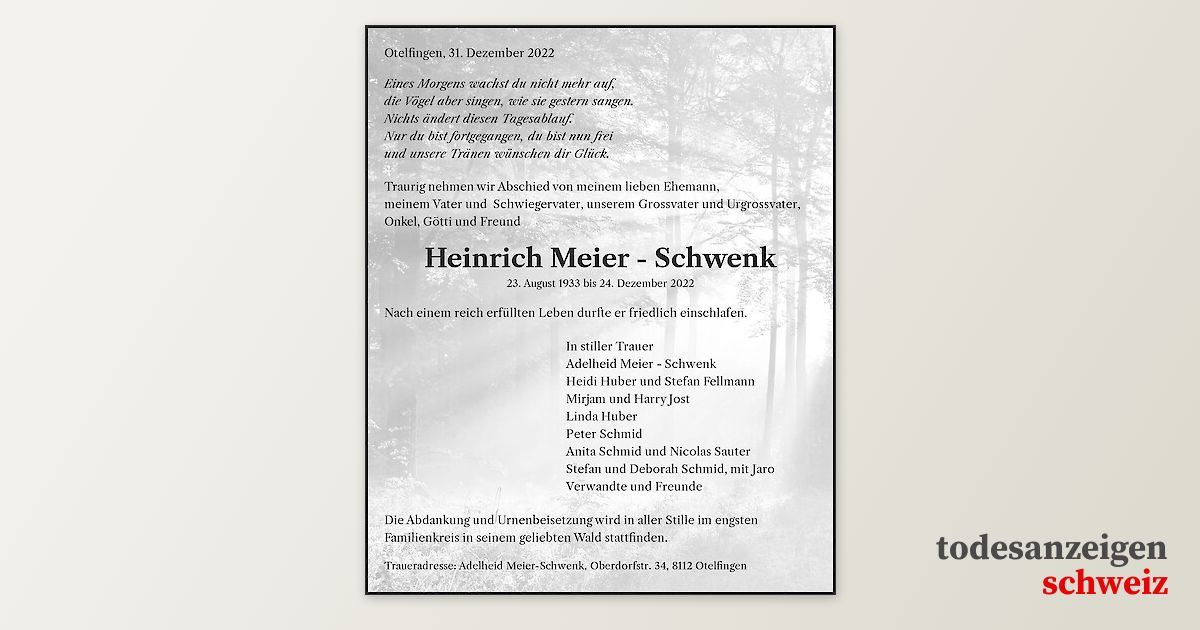 Todesanzeige Heinrich Meier - Schwenk, Otelfingen