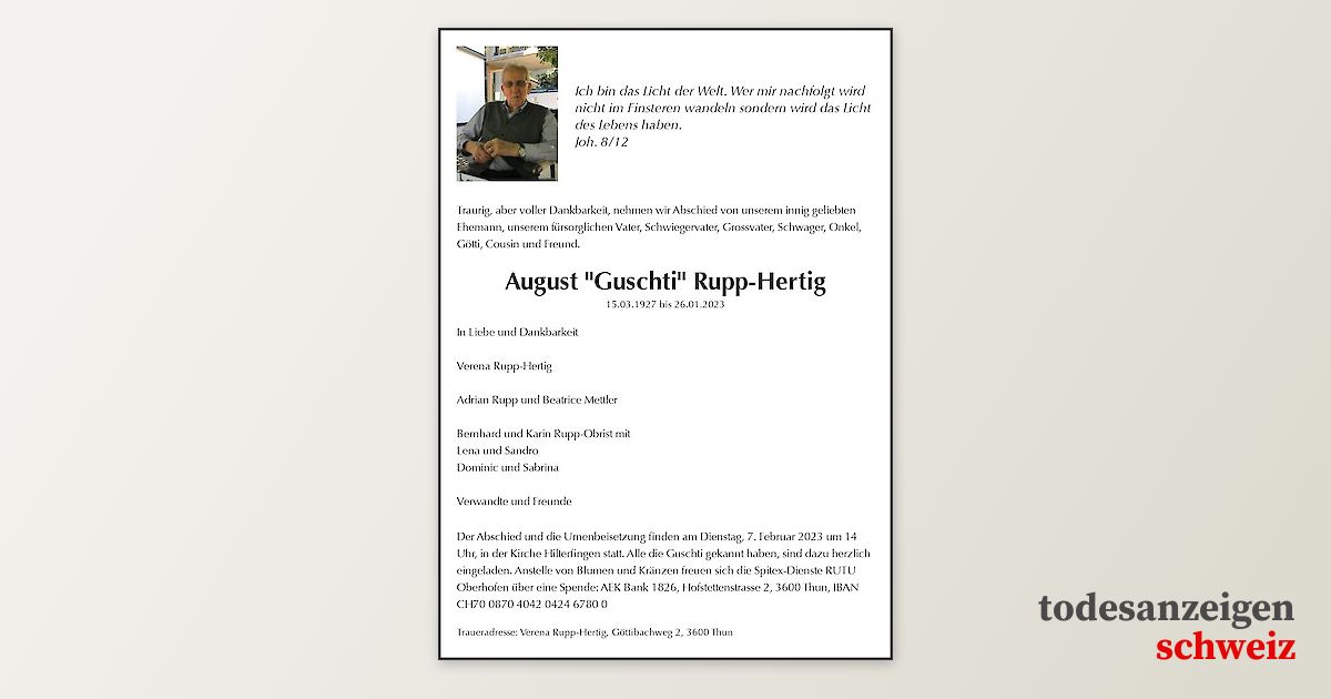 Todesanzeige August "Guschti" Rupp-Hertig, Thun