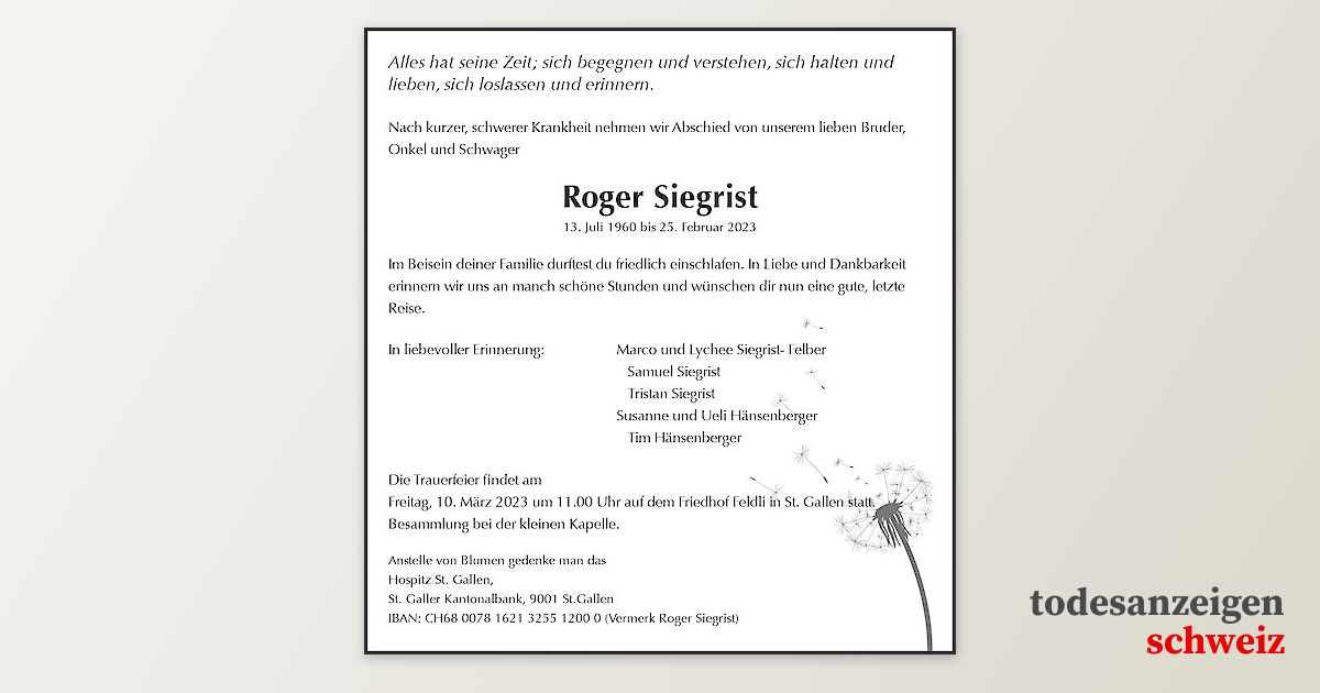 Obituary Roger Siegrist, St. Gallen – obituaries.ch