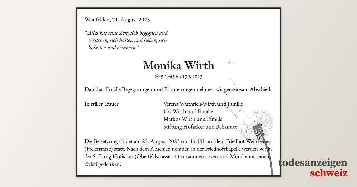 Todesanzeige Monika Wirth – todesanzeigenschweiz.ch