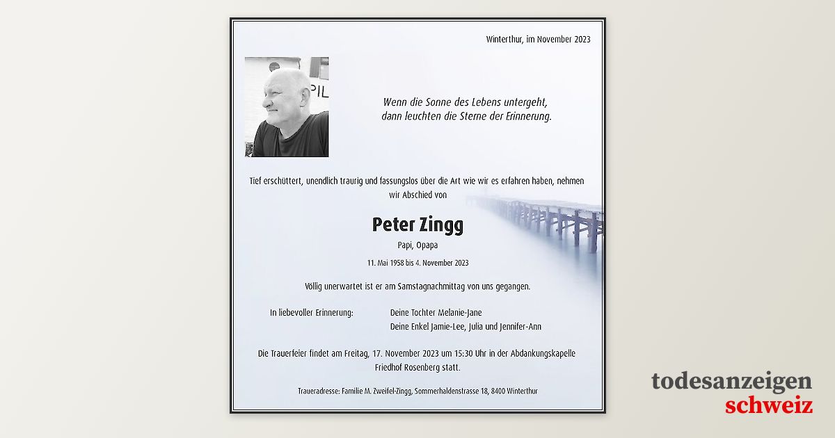 Todesanzeige Peter Zingg – todesanzeigenschweiz.ch