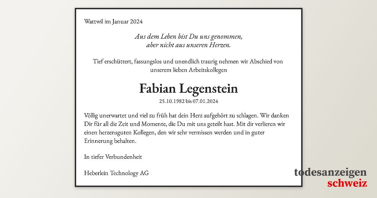 Todesanzeige Fabian Legenstein – todesanzeigenschweiz.ch