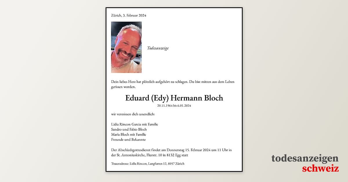 Todesanzeige Eduard (Edy) Hermann Bloch