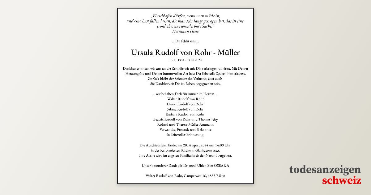 Todesanzeige Ursula Rudolf von Rohr - Müller