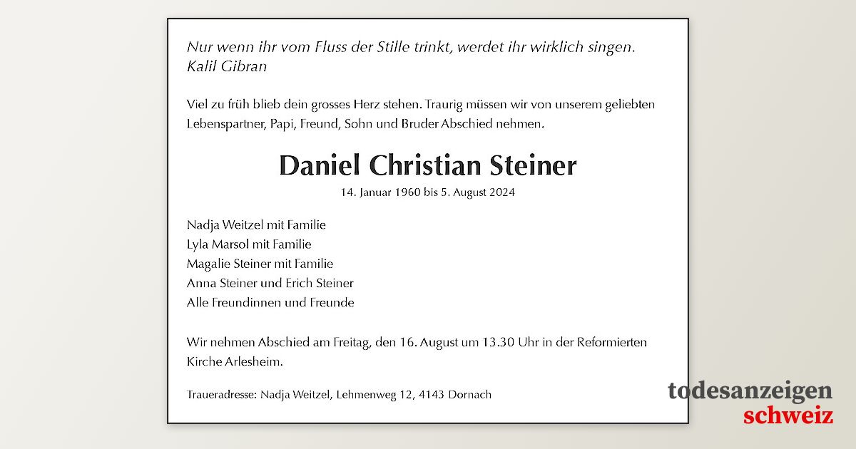Obituary Daniel Christian Steiner – obituaries.ch