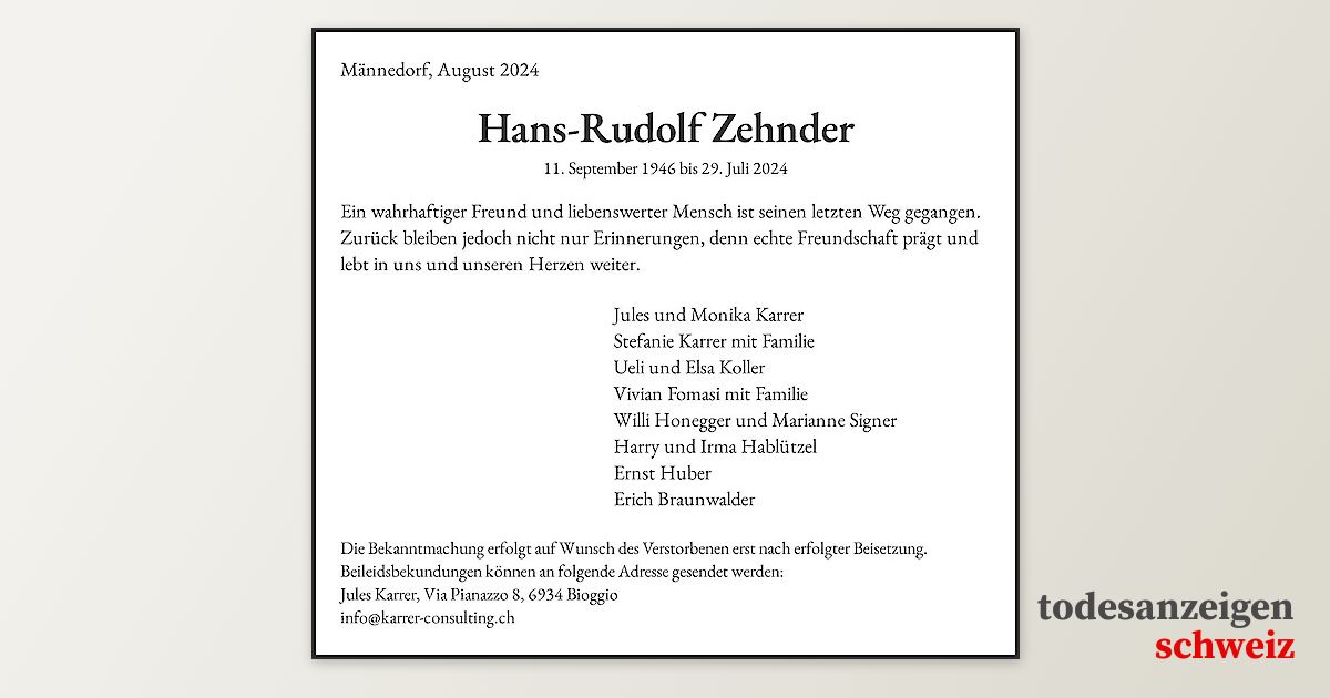 Todesanzeige Hans-Rudolf Zehnder, Männedorf