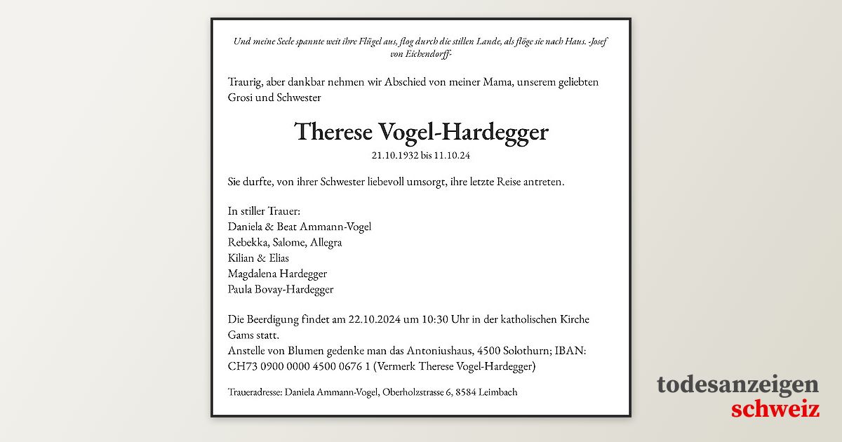 Todesanzeige Therese Vogel-Hardegger