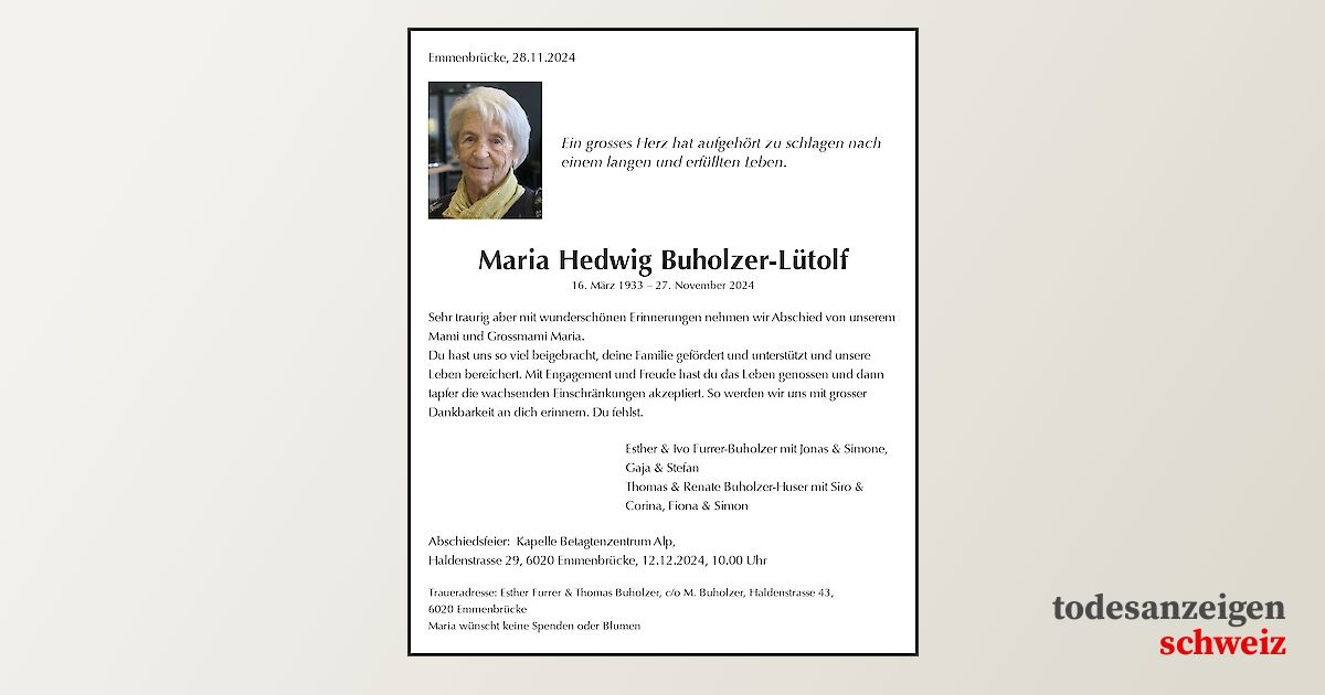 Todesanzeige Maria Hedwig Buholzer-Lütolf, Emmenbrücke